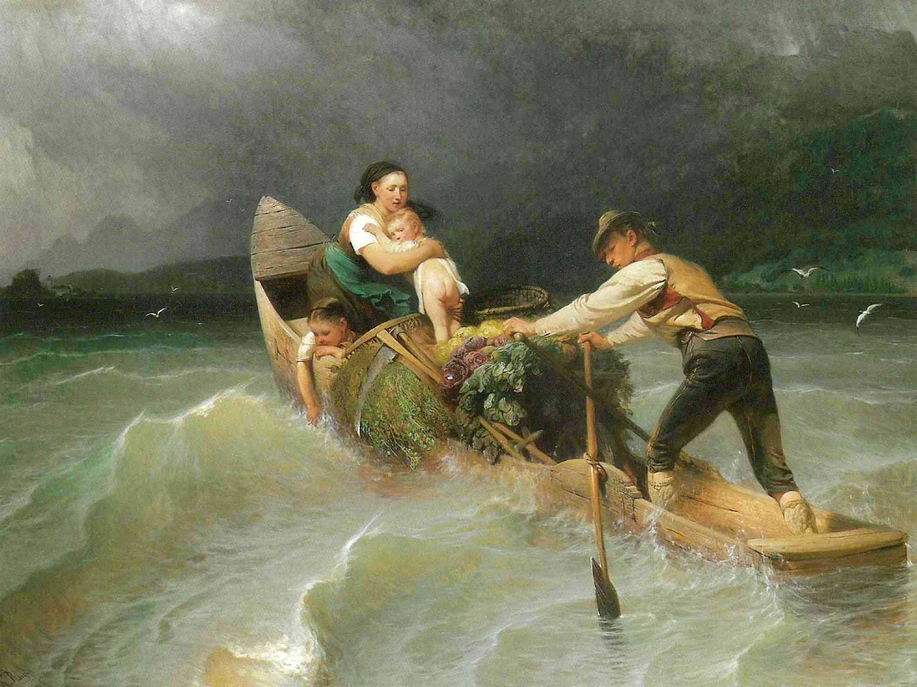 kl-Karl Raupp 1837-1918, Stürmische Heimfahrt 1870, Öl auf Leinwand ...